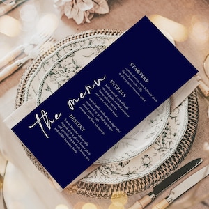 Navy Blue Wedding Dinner Menu Cards Editable Template, Boho Blue Drinks ...