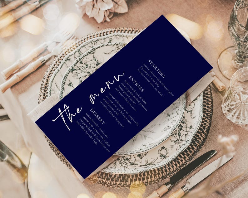 Navy Blue Wedding Dinner Menu Cards Editable Template, Boho Blue Drinks ...