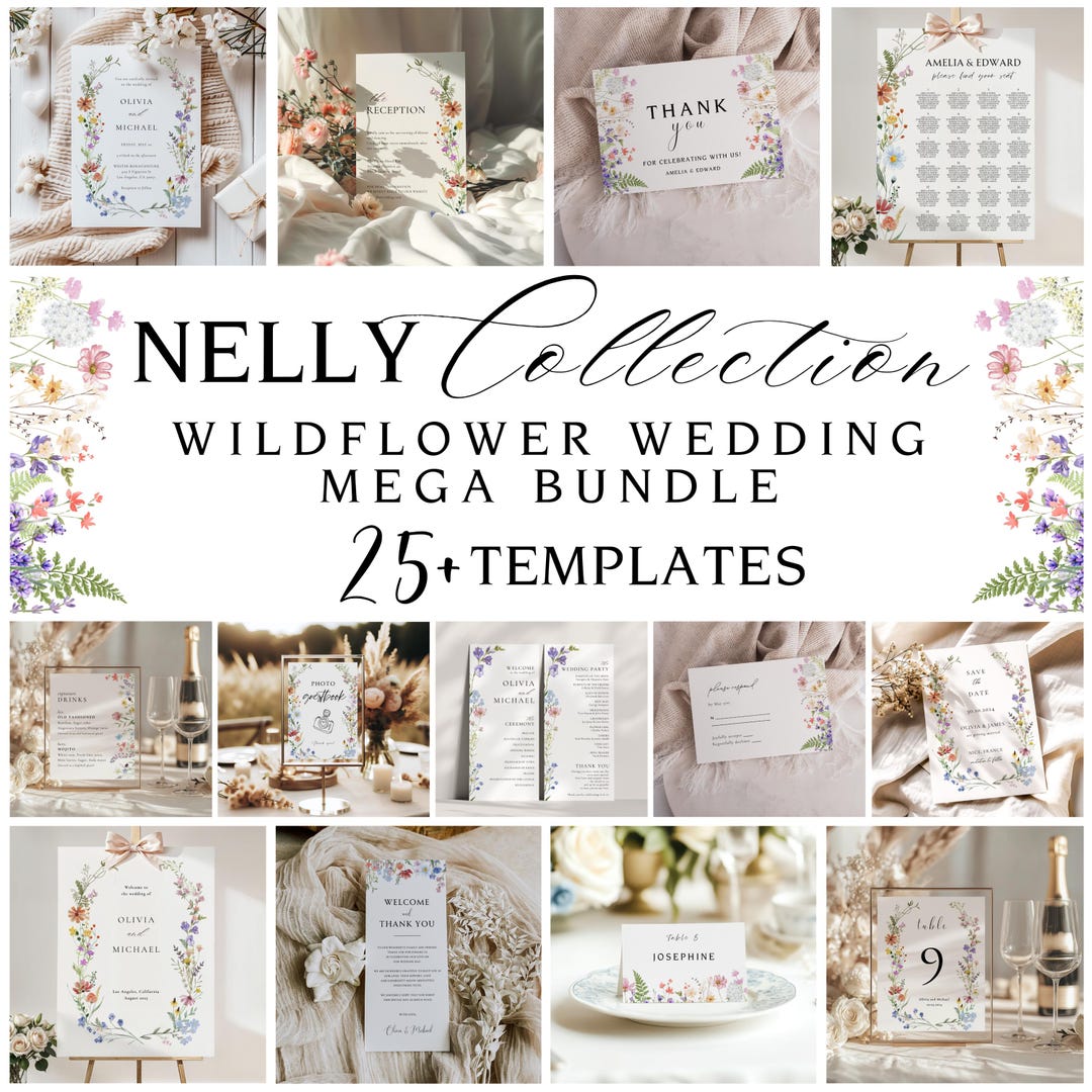 Wildflower Wedding Invitation Template | Printable Boho Floral Bundle | Elegant Wreath Design ...