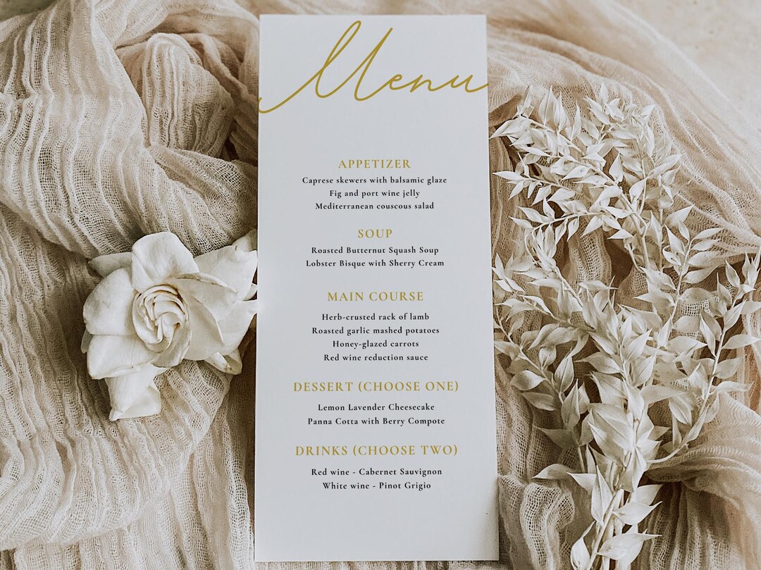 Editable Gold Menu Card Template, Wedding Dinner Menu Gold, Printable ...