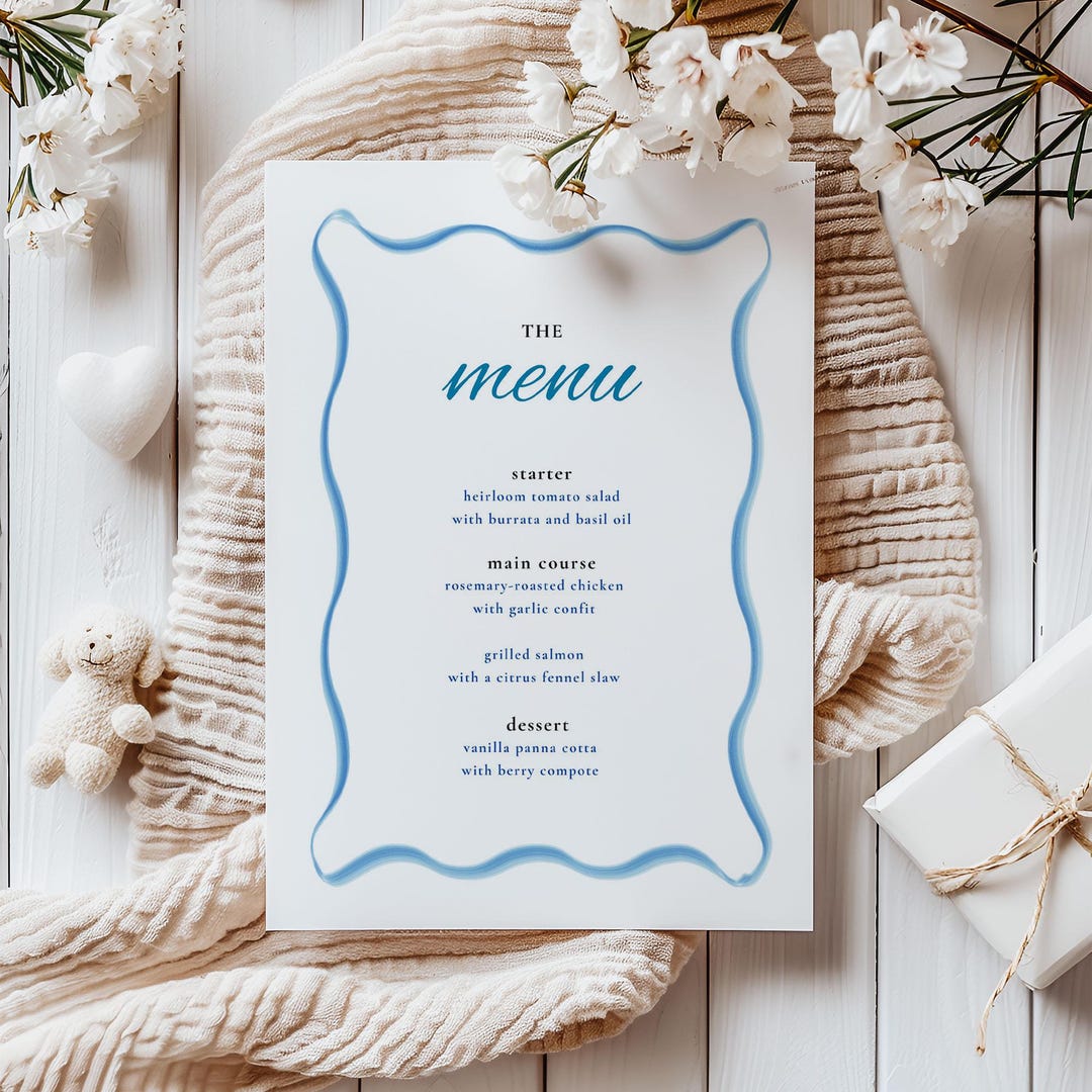 Blue Menu, Blue Menu & Placecard Template, Blue Hand Painted Bridal ...