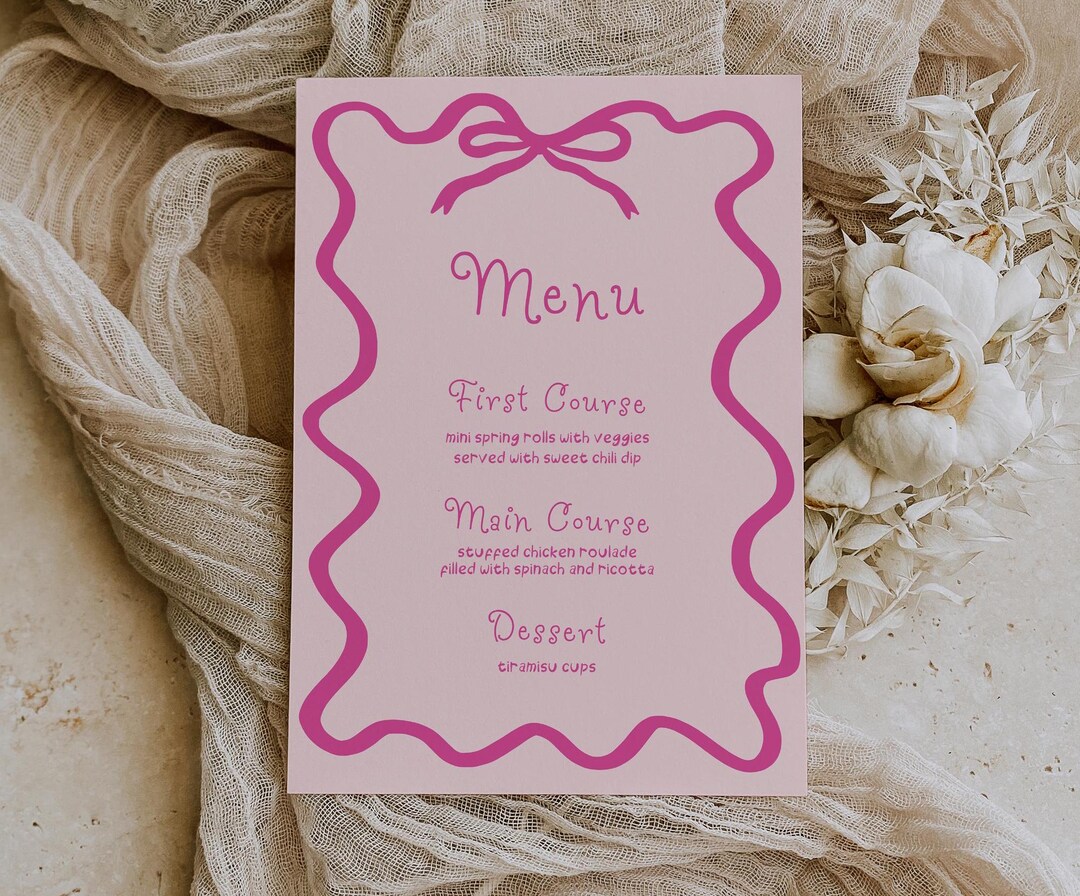 Curvy Bow Menu Template, Hand Drawn, Wedding/bridal Shower Menu ...