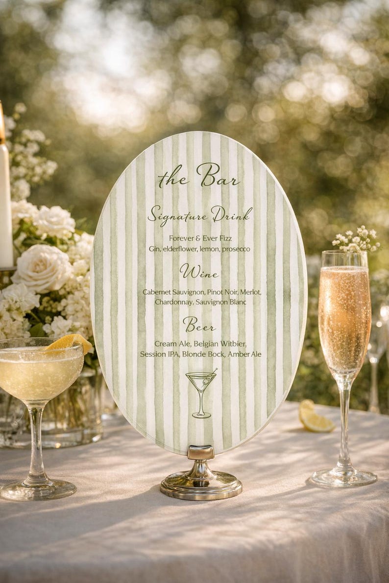 Green Striped Oval Bar Menu Sign Template, Wedding Bar Sign, Signature ...