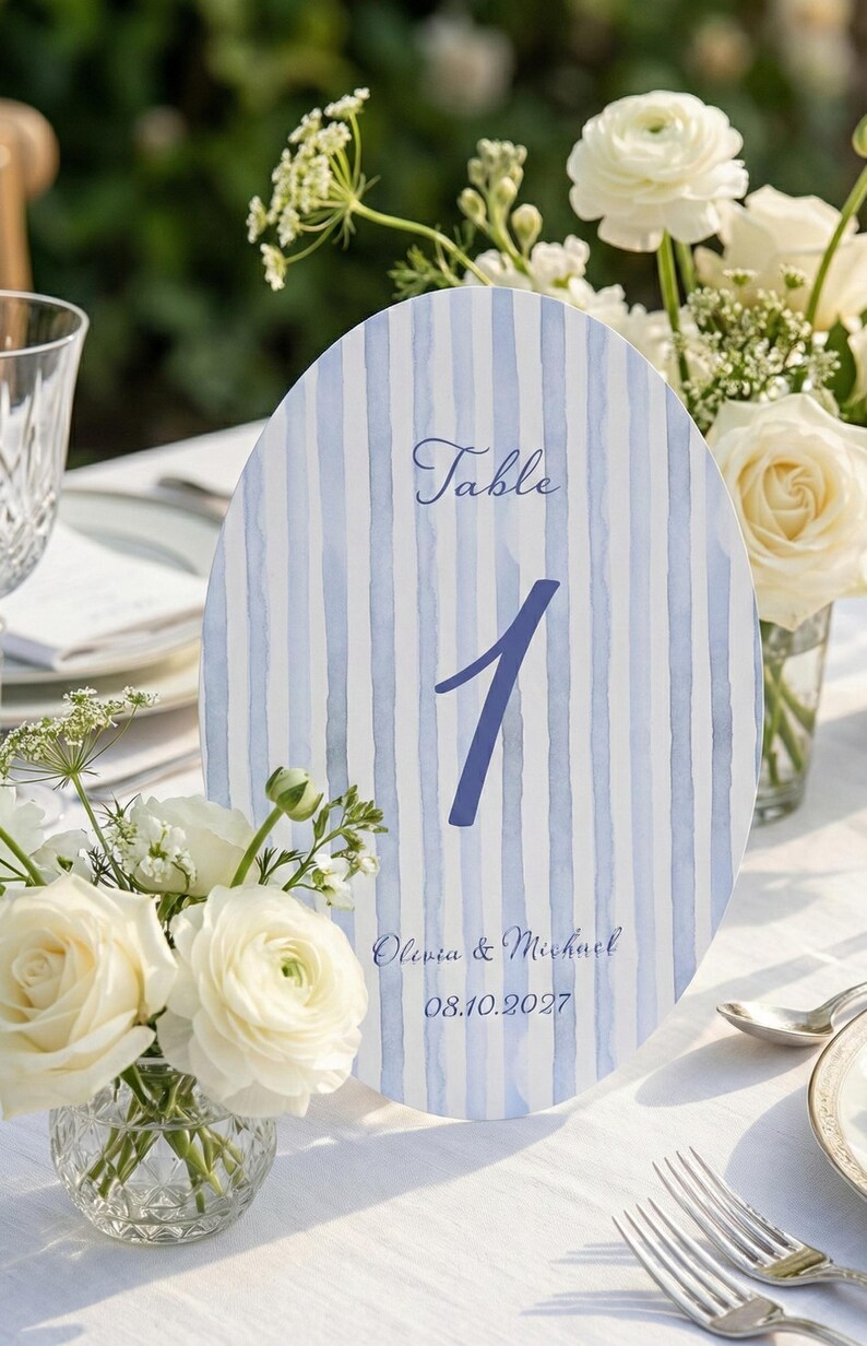 Blue Striped Oval Table Number Template Wedding Table Sign Editable ...