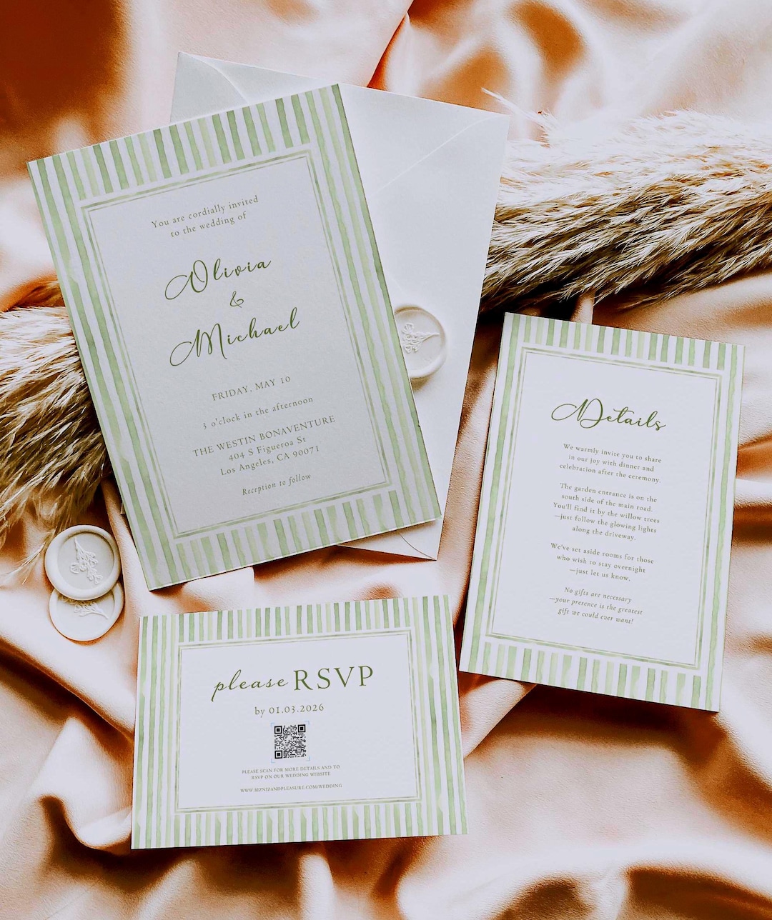 Green Striped Wedding Invitation Template Suite, Editable RSVP ...