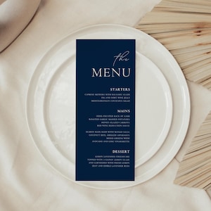 Navy Blue Wedding Dinner Menu Cards Editable Template, Boho Blue Drinks ...