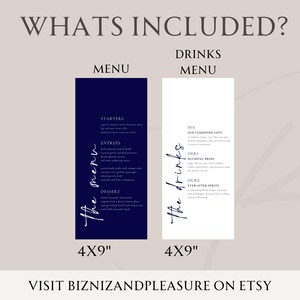 Navy Blue Wedding Dinner Menu Cards Editable Template, Boho Blue Drinks ...