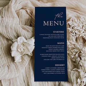 Navy Blue Wedding Dinner Menu Cards Editable Template, Boho Blue Drinks ...