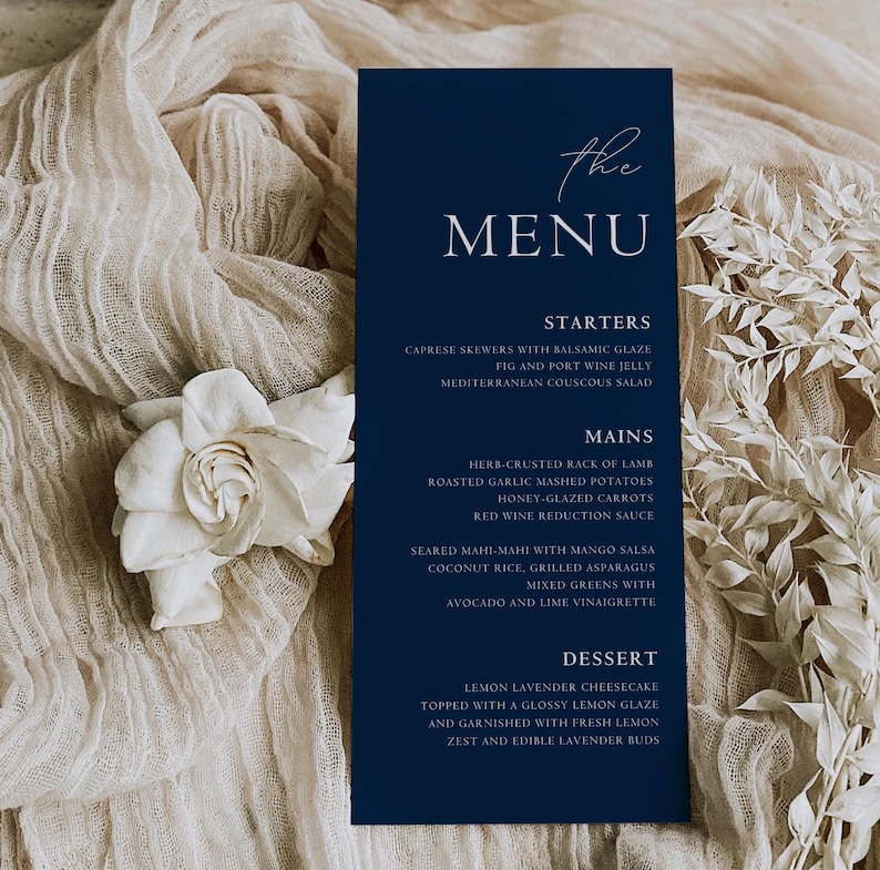 Navy Blue Wedding Dinner Menu Cards Editable Template, Boho Blue Drinks ...