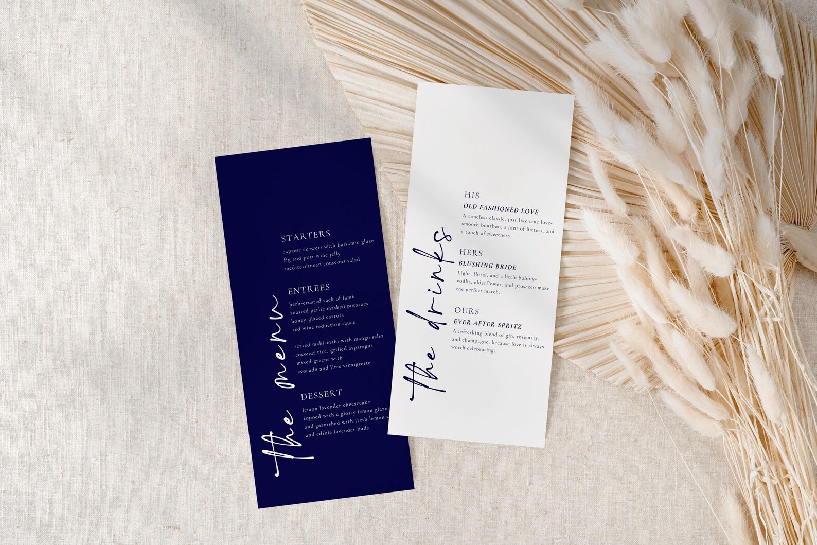 Navy Blue Wedding Dinner Menu Cards Editable Template, Boho Blue Drinks ...
