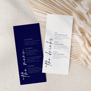 Navy Blue Wedding Dinner Menu Cards Editable Template, Boho Blue Drinks ...