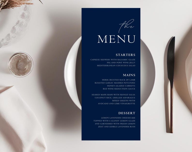 Navy Blue Wedding Dinner Menu Cards Editable Template, Boho Blue Drinks ...