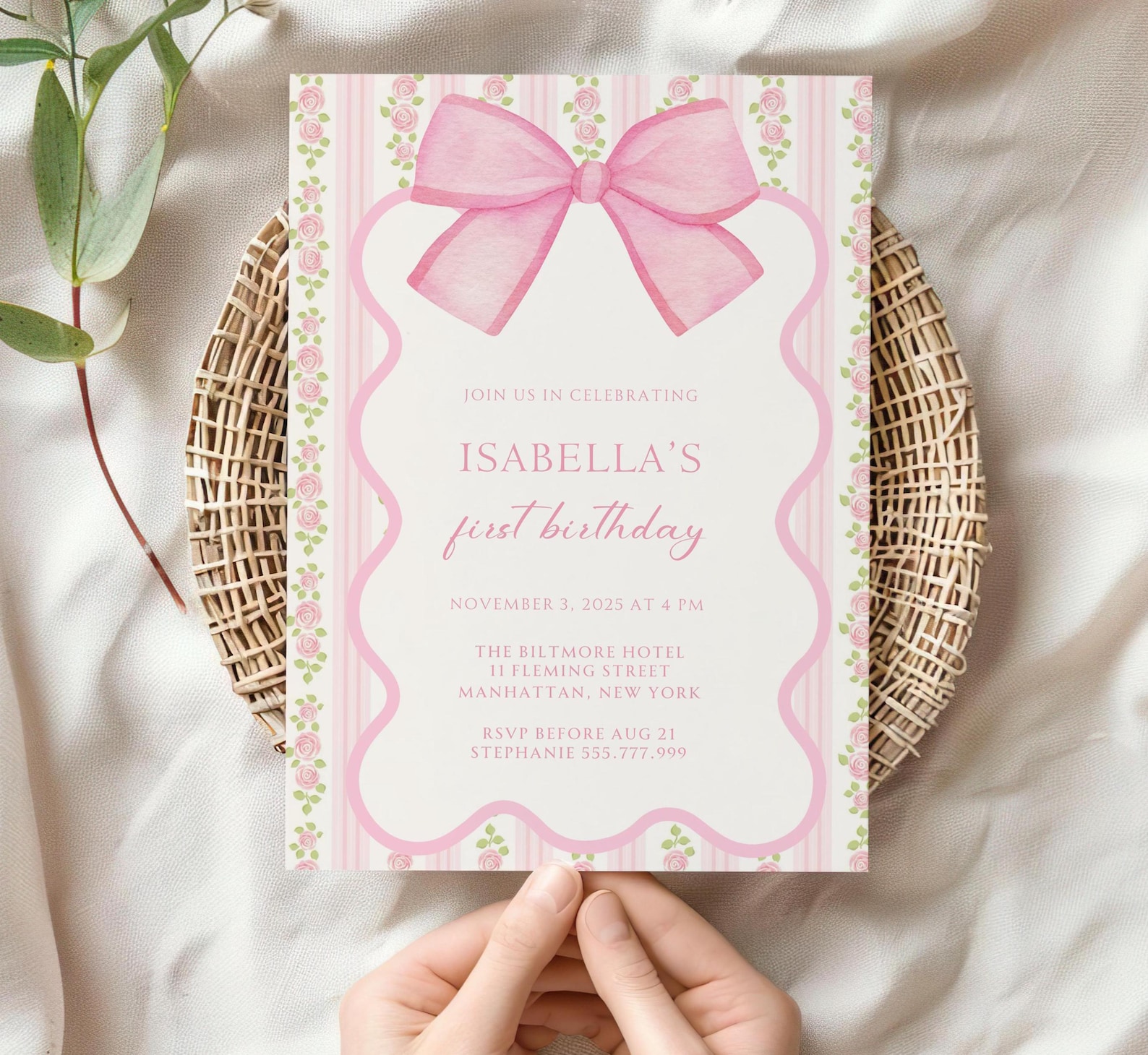 Pink Bow Baby Shower Invitation | Vintage Pink Bow Floral Birthday ...