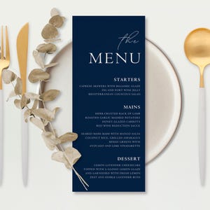 Navy Blue Wedding Dinner Menu Cards Editable Template, Boho Blue Drinks ...
