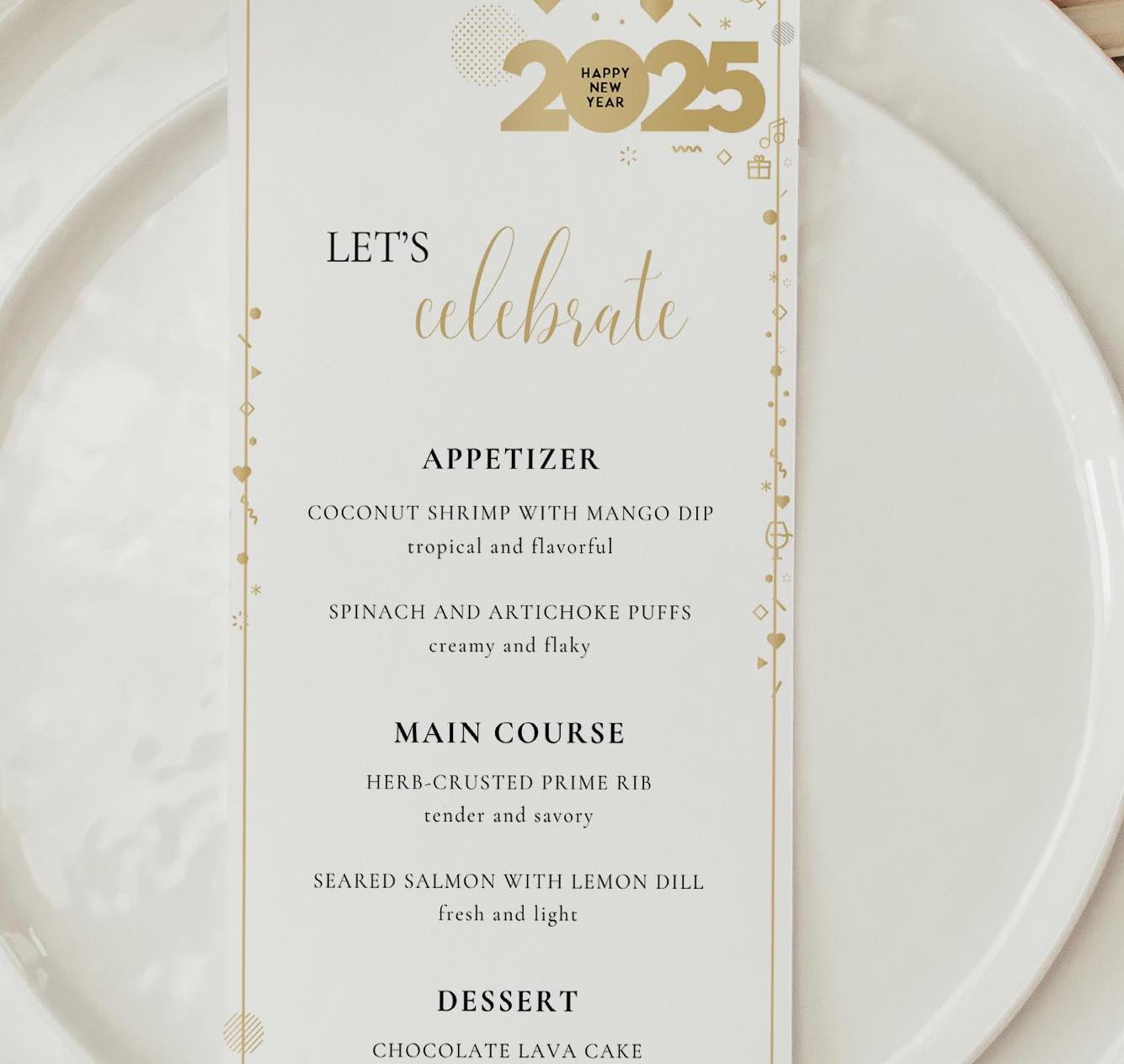 Elegant Gold New Year's Eve 2025 Menu Template | Editable Canva Menu ...