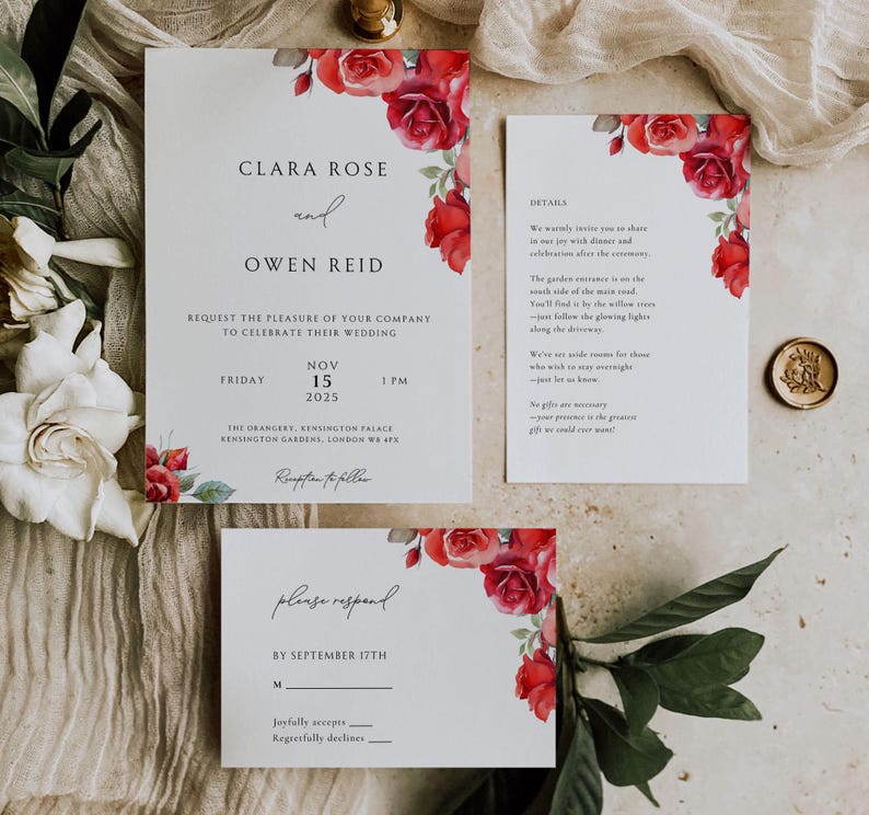 Red Rose Wedding Invitation Template Set, Red Floral Gold Frame Border ...