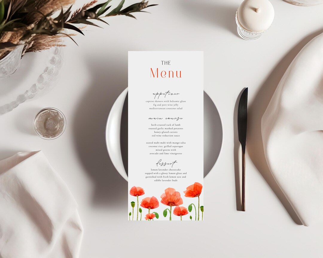 Red Poppies Wedding Menu Template, Printable Red Poppy Wedding Dinner ...