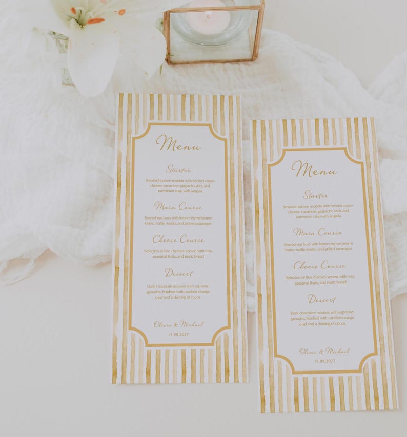 Dusty Yellow Striped Menu, Yellow Stripe Menu Template, Classic Elegant ...