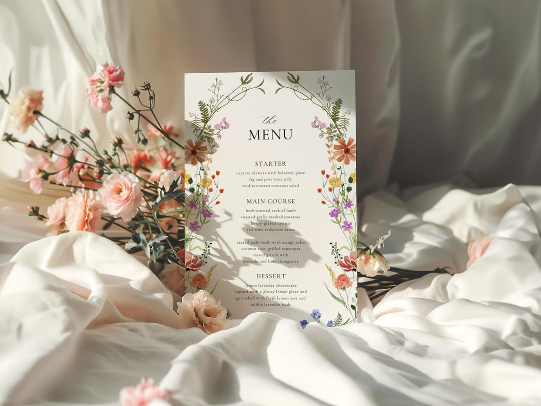 Wildflower Menu Template, Garden Party Bridal Shower Menu, Boho Flowers ...