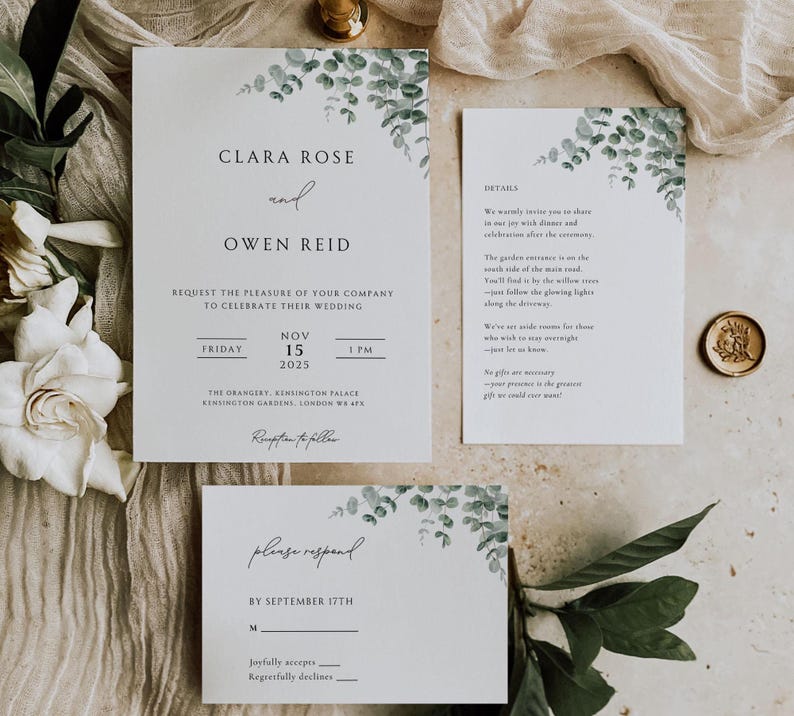 Eucalyptus Wedding Invitation Template, Greenery Printable Invite ...