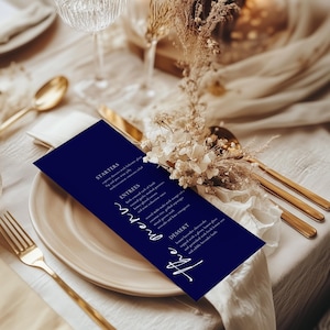Navy Blue Wedding Dinner Menu Cards Editable Template, Boho Blue Drinks ...