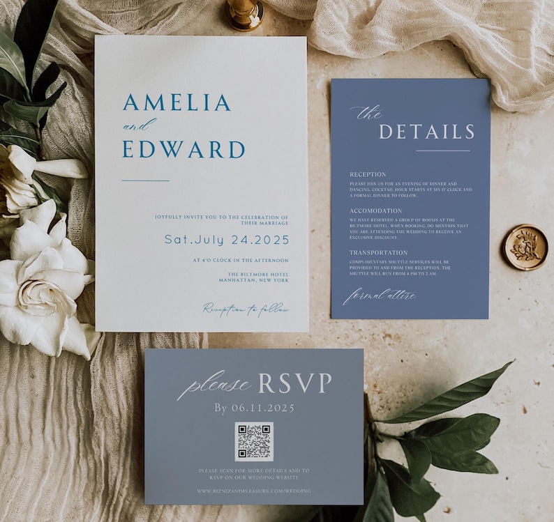 Slate Blue Wedding Invitation Suite, Wedding Invite Template Light Blue ...