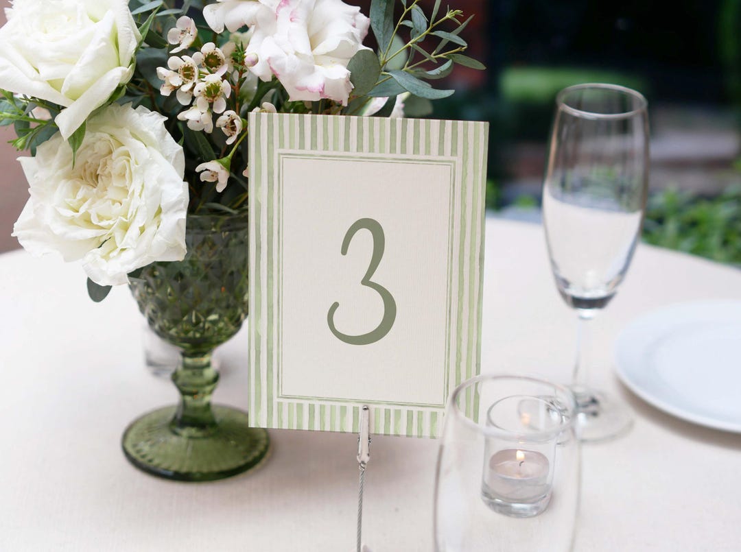 Green Striped Table Number Template, Watercolor, Printable Table Sign ...