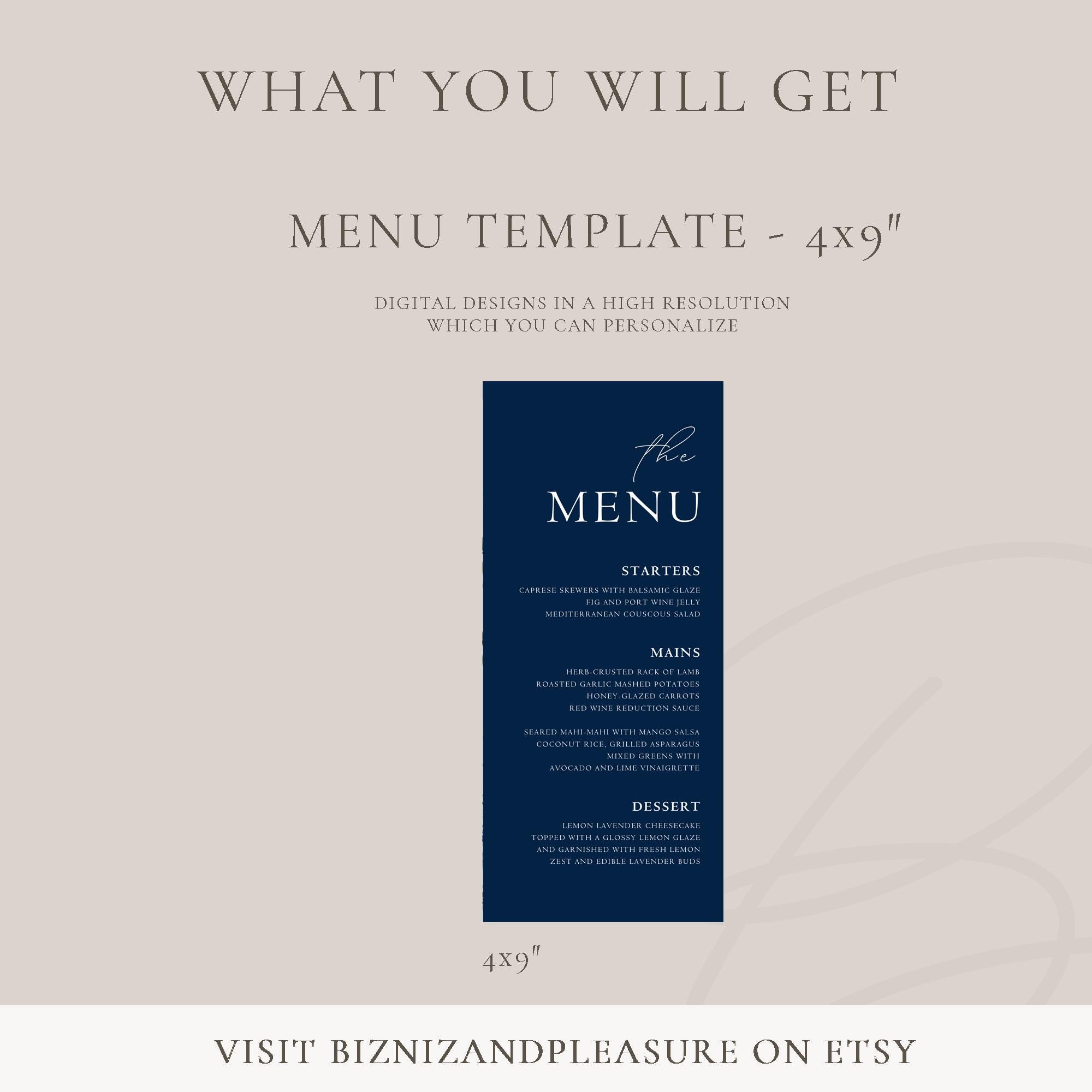 Navy Blue Wedding Dinner Menu Cards Editable Template, Boho Blue Drinks ...