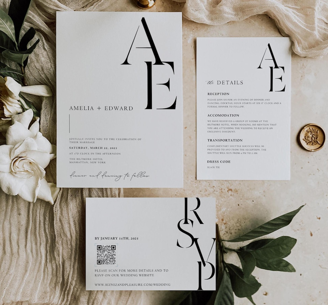 Minimalist Initials Wedding Invitation Set, Editable Template Bundle ...