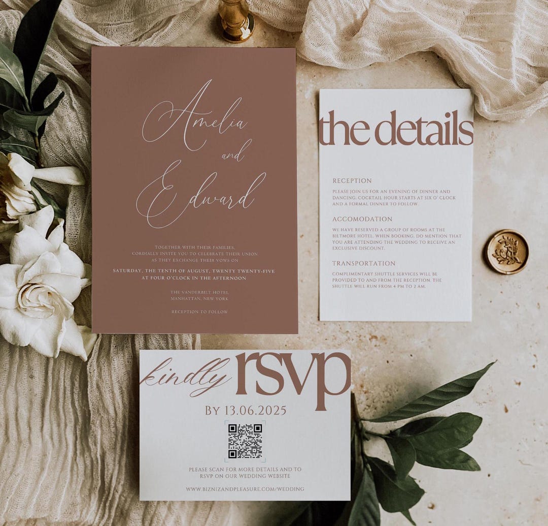 Mocha Mousse Wedding Invitation Template Suite, RSVP With QR, Mocha ...