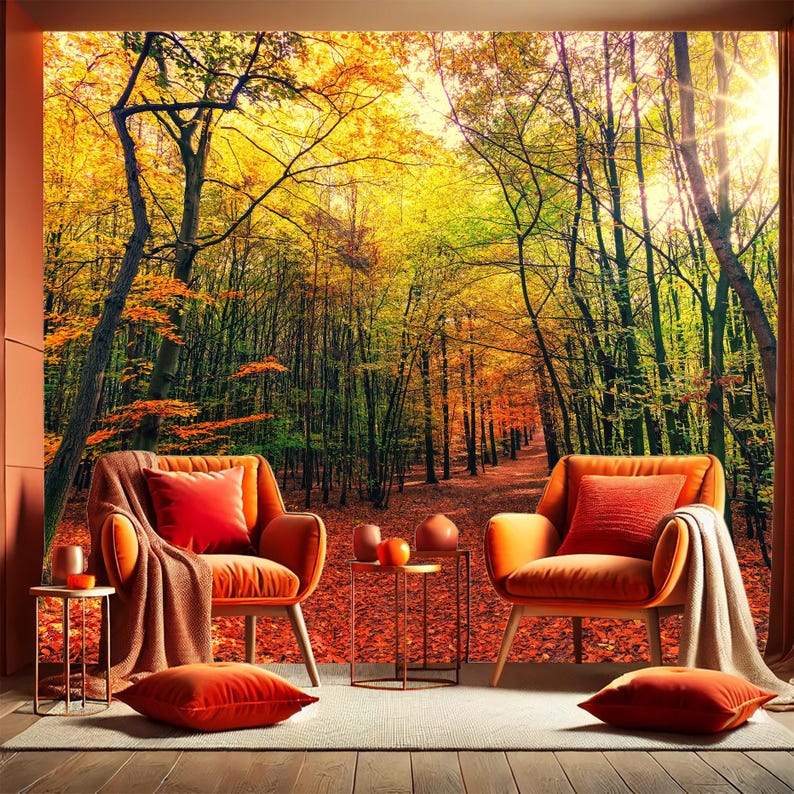 Autumn Forest Wallpaper Mural: Golden Fall Foliage, Cozy Vibes Peel ...