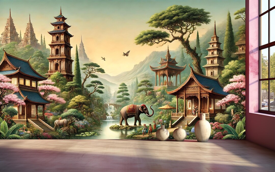 Bonsai Tree Wallpaper Mural, Japanese Landscape Peel and Stick, Zen ...