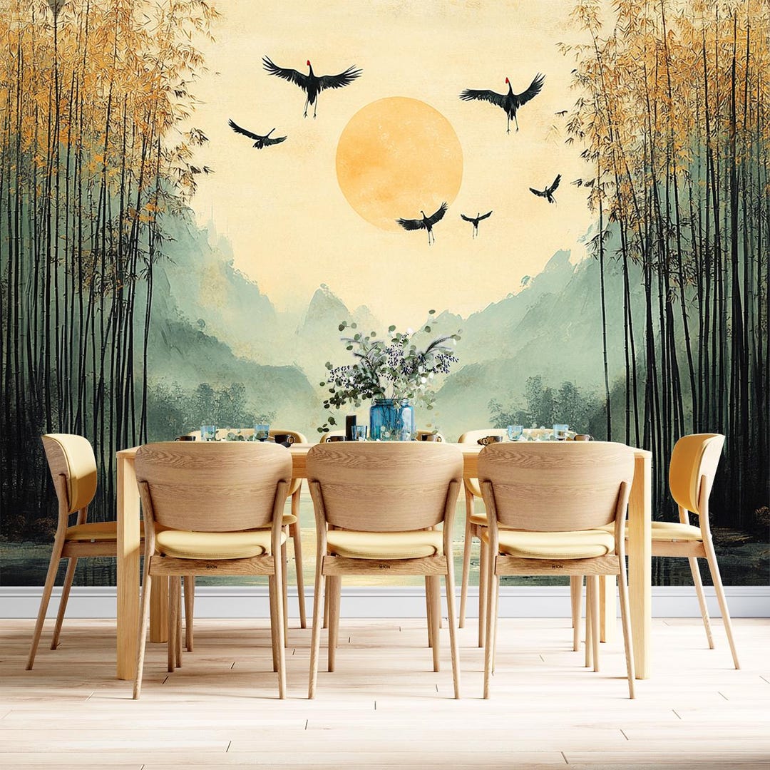 Golden Bamboo Forest With Flying Cranes & Sunset Vinyl Peel and Stick ...
