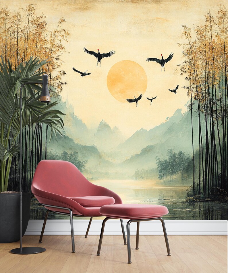 Golden Bamboo Forest With Flying Cranes & Sunset Vinyl Peel and Stick ...