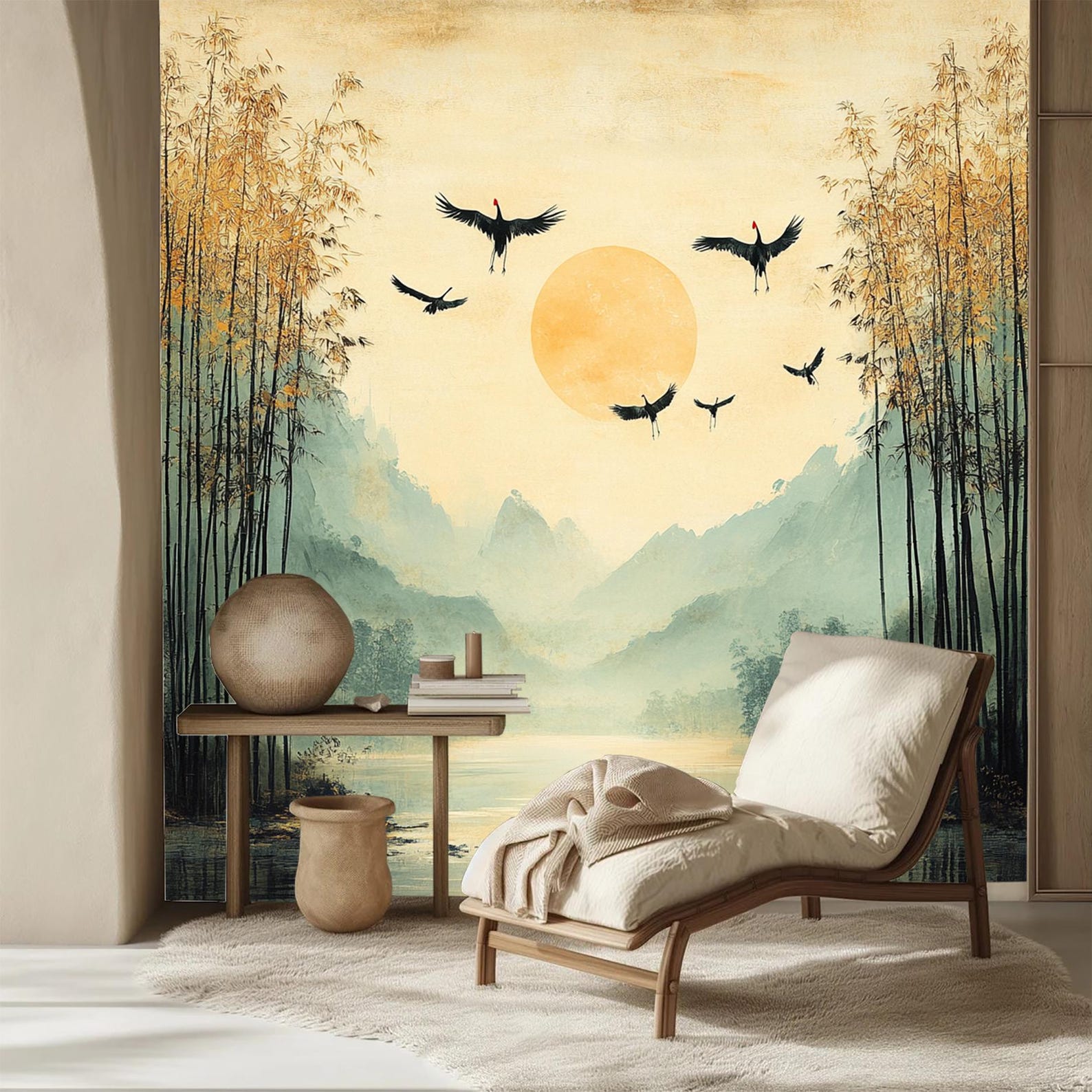 Golden Bamboo Forest With Flying Cranes & Sunset Vinyl Peel and Stick ...
