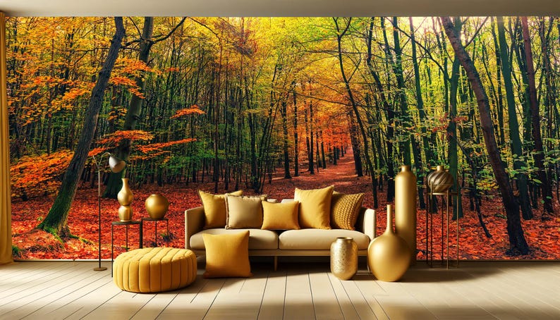 Autumn Forest Wallpaper Mural: Golden Fall Foliage, Cozy Vibes Peel ...