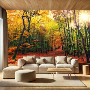Autumn Forest Wallpaper Mural: Golden Fall Foliage, Cozy Vibes Peel ...
