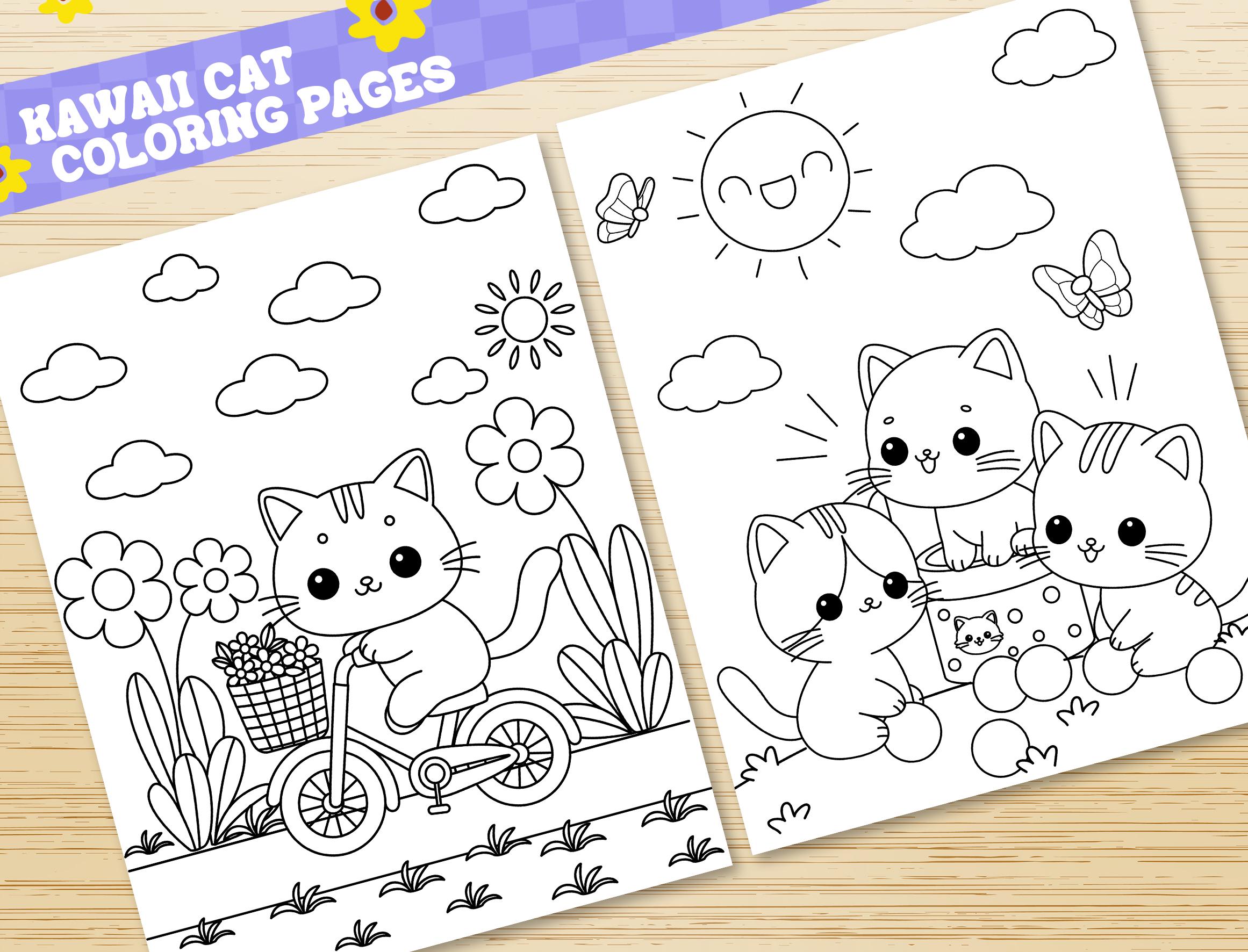Cute Kawaii Cat Coloring Book for Kids and Adult, Printable, Coloring ...