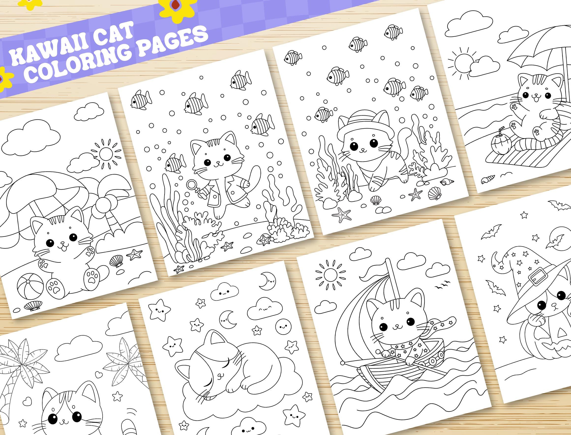 Cute Kawaii Cat Coloring Book for Kids and Adult, Printable, Coloring ...