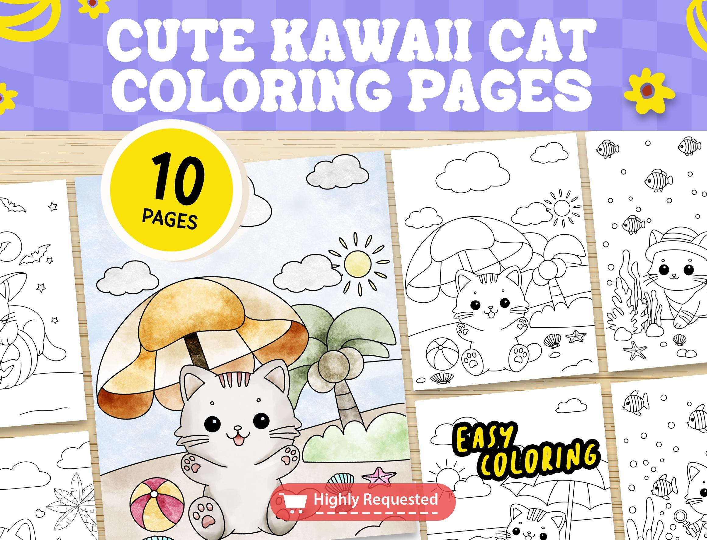 Cute Kawaii Cat Coloring Book for Kids and Adult, Printable, Coloring ...