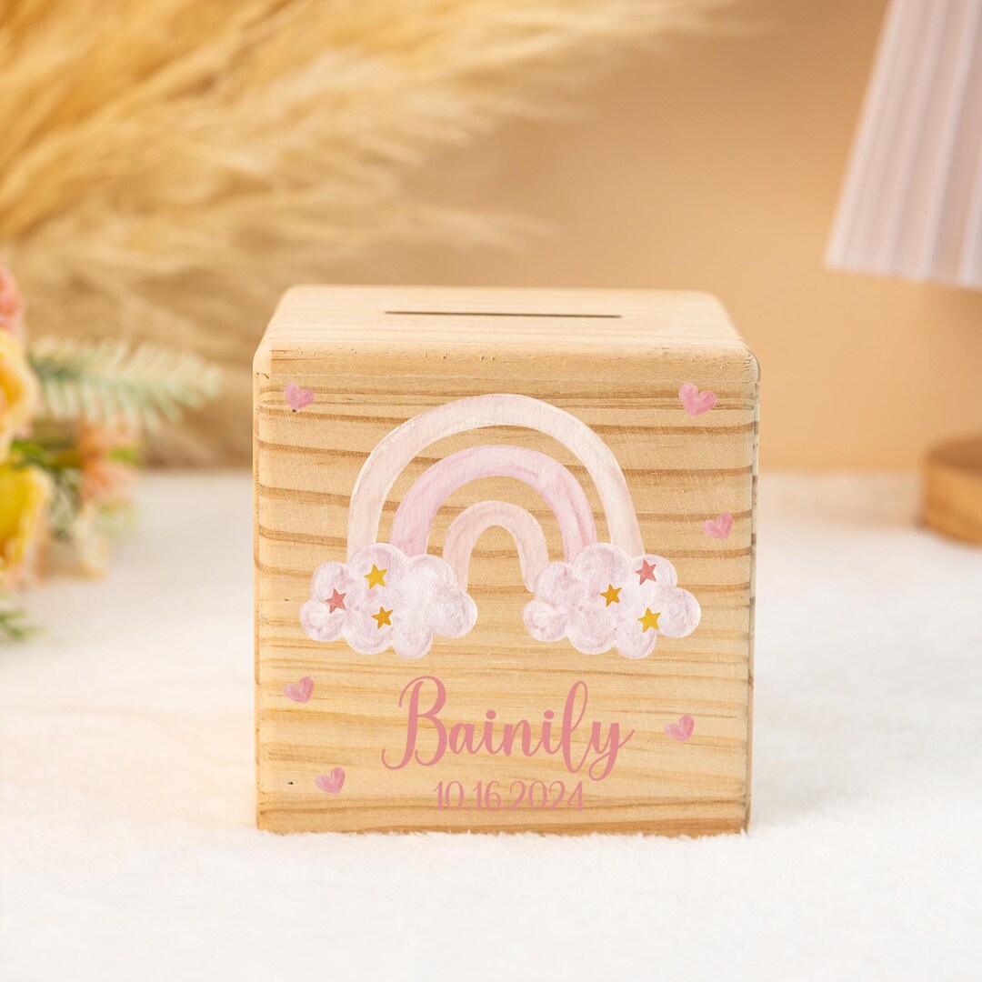 Custom Wooden Cash Box With Rainbow,piggy Bank Gift for Kids,piggy Bank ...