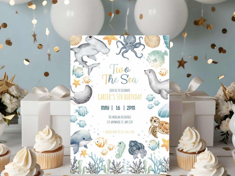 Editable Two the Sea Birthday Invitation, Editable Ocean Animals Party ...