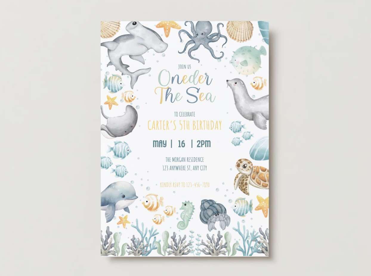 Editable Onederthe Sea Birthday Invitation, Editable Ocean Animals ...