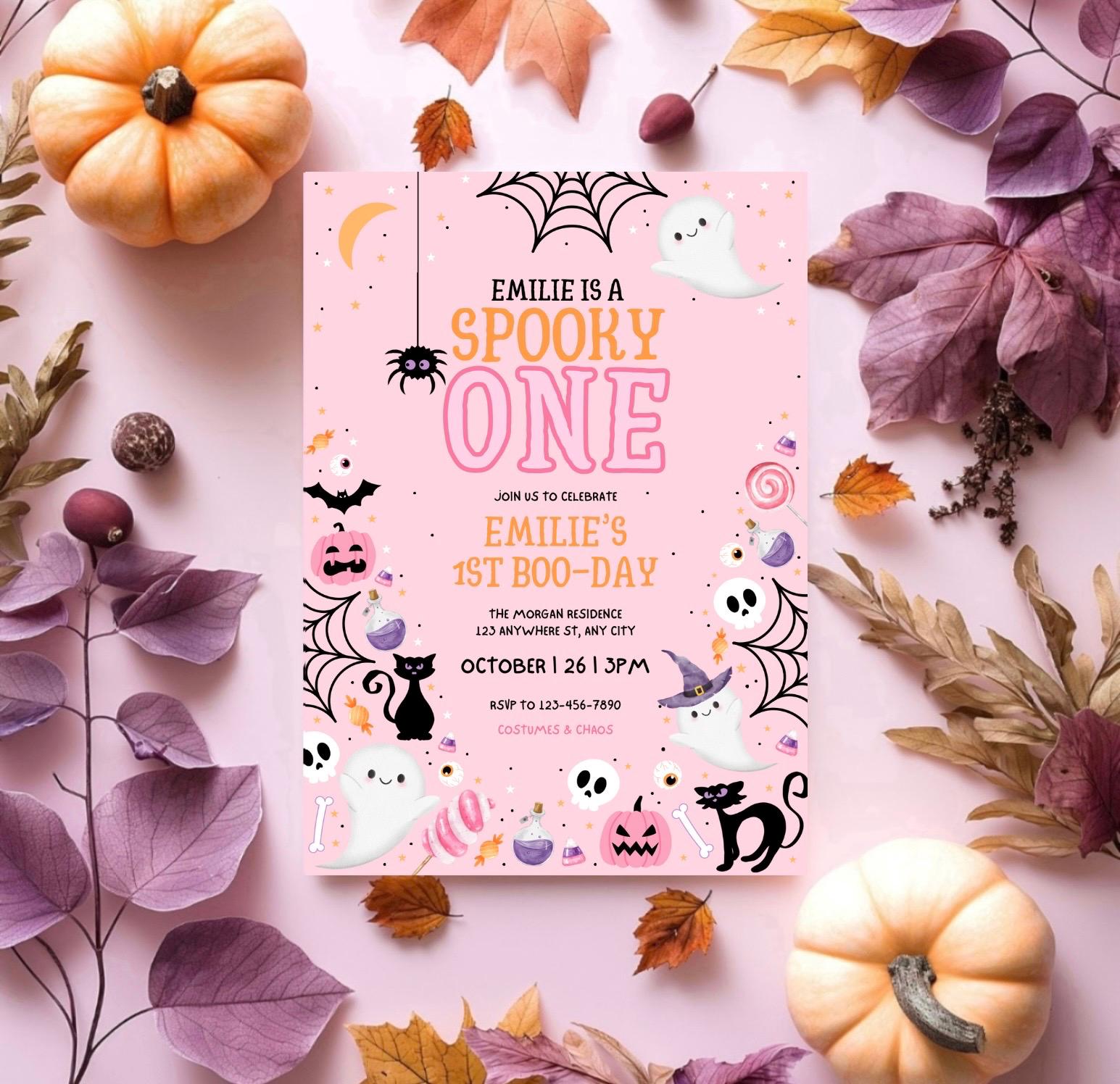 Pink Spooky Birthday Invitation, Girl Halloween Birthday Invitation ...