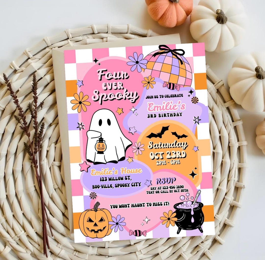 Editable Four Ever Spooky Halloween Ghost 4th Birthday Invitation Retro ...