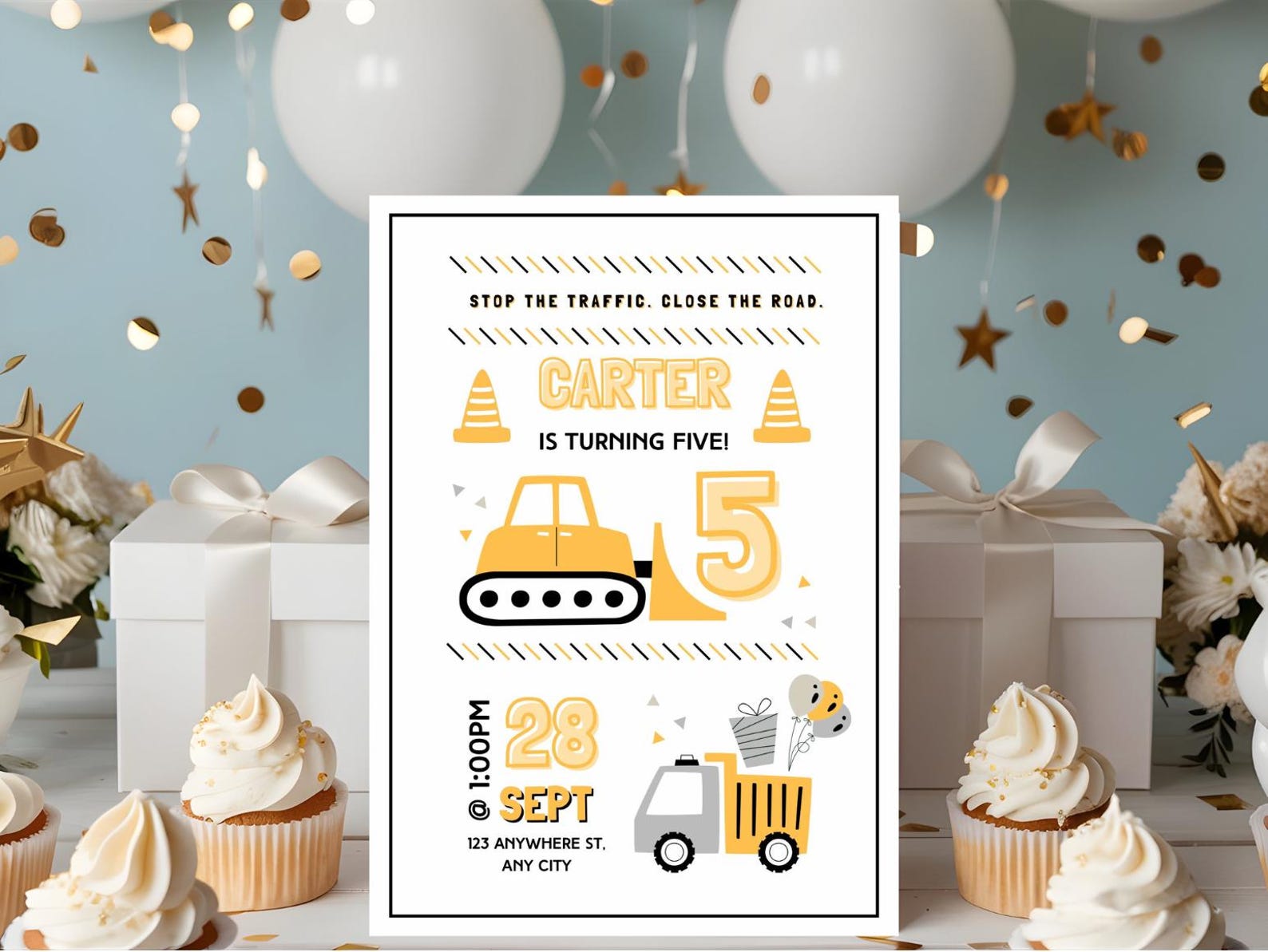 Construction Birthday Invitation Boy Yellow Stop the Traffic Close the ...
