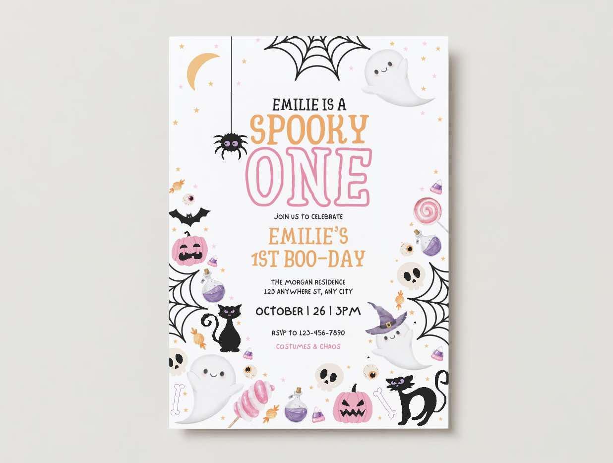 Pink Spooky Birthday Invitation, Girl Halloween Birthday Invitation ...