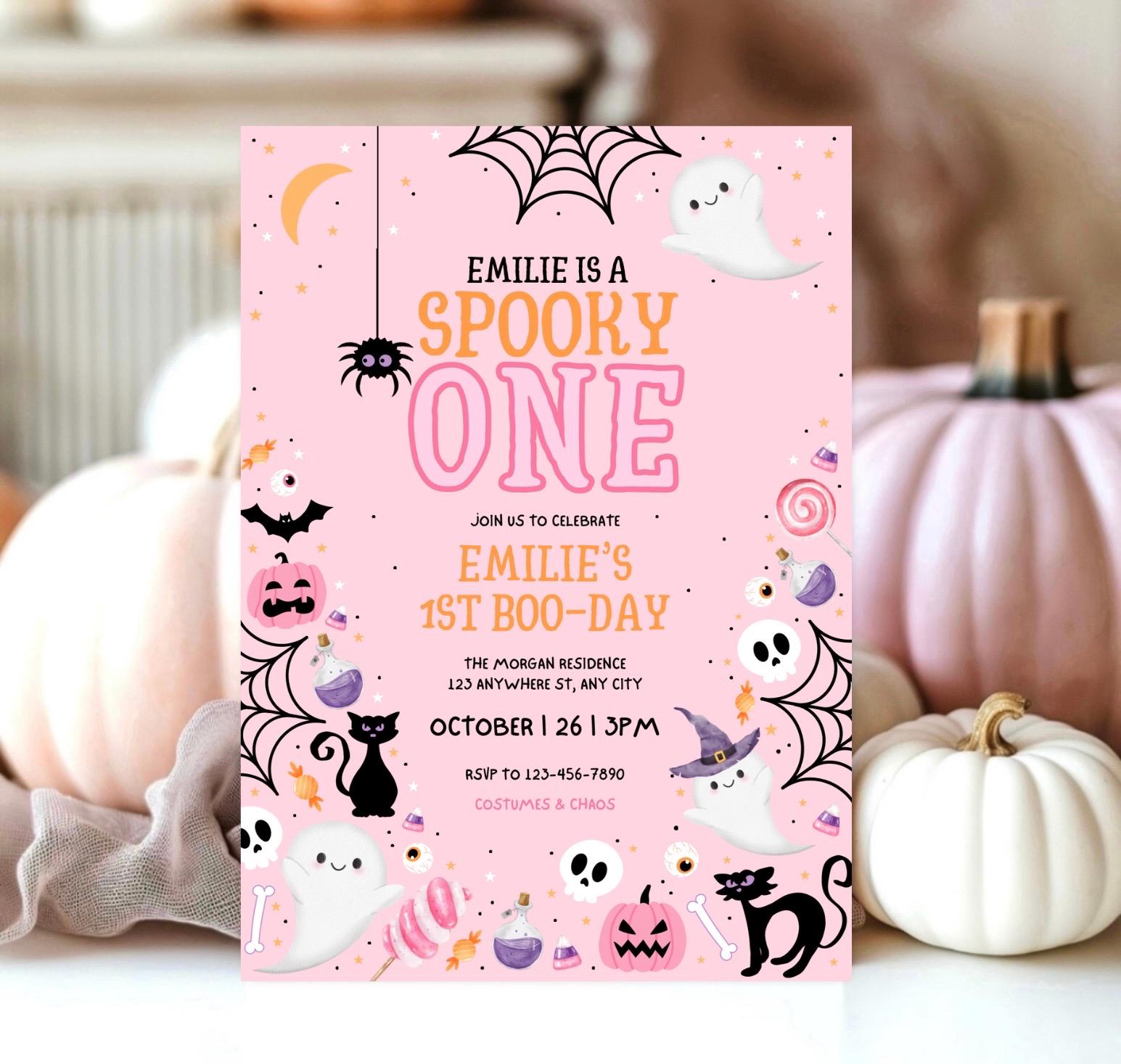 Pink Spooky Birthday Invitation, Girl Halloween Birthday Invitation ...