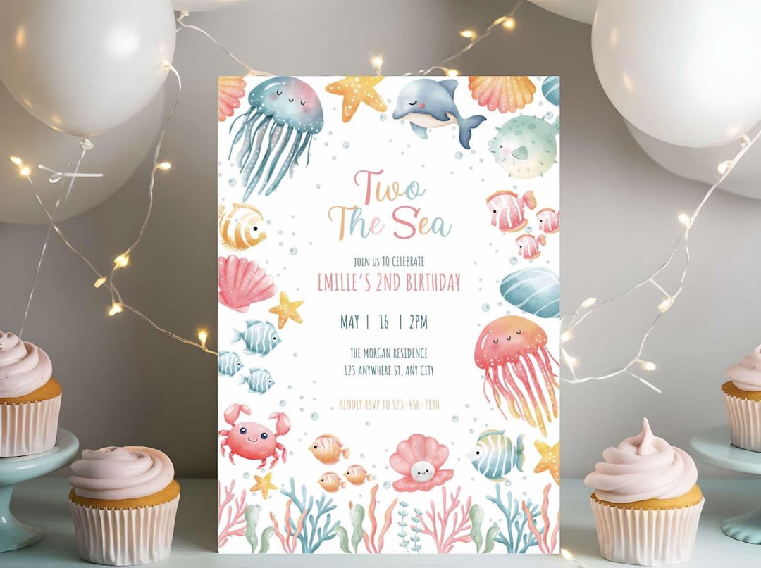 Editable Two the Sea 2nd Birthday Party Invitation Cute Sea Creatures ...