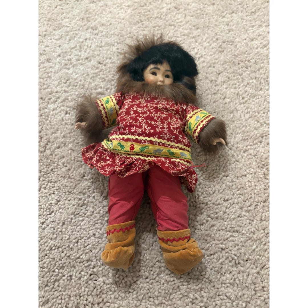 Vintage Arctic-inspired Porcelain Eskimo Doll Tall Wooden Body Moveable ...